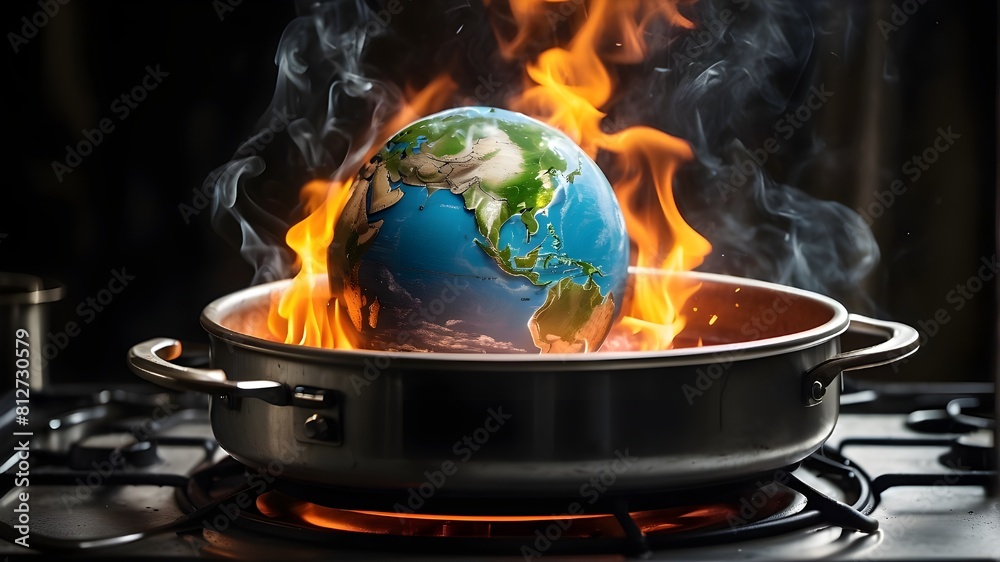 Earth's globe boiling in hot water in a pan over a gas stove: a ...