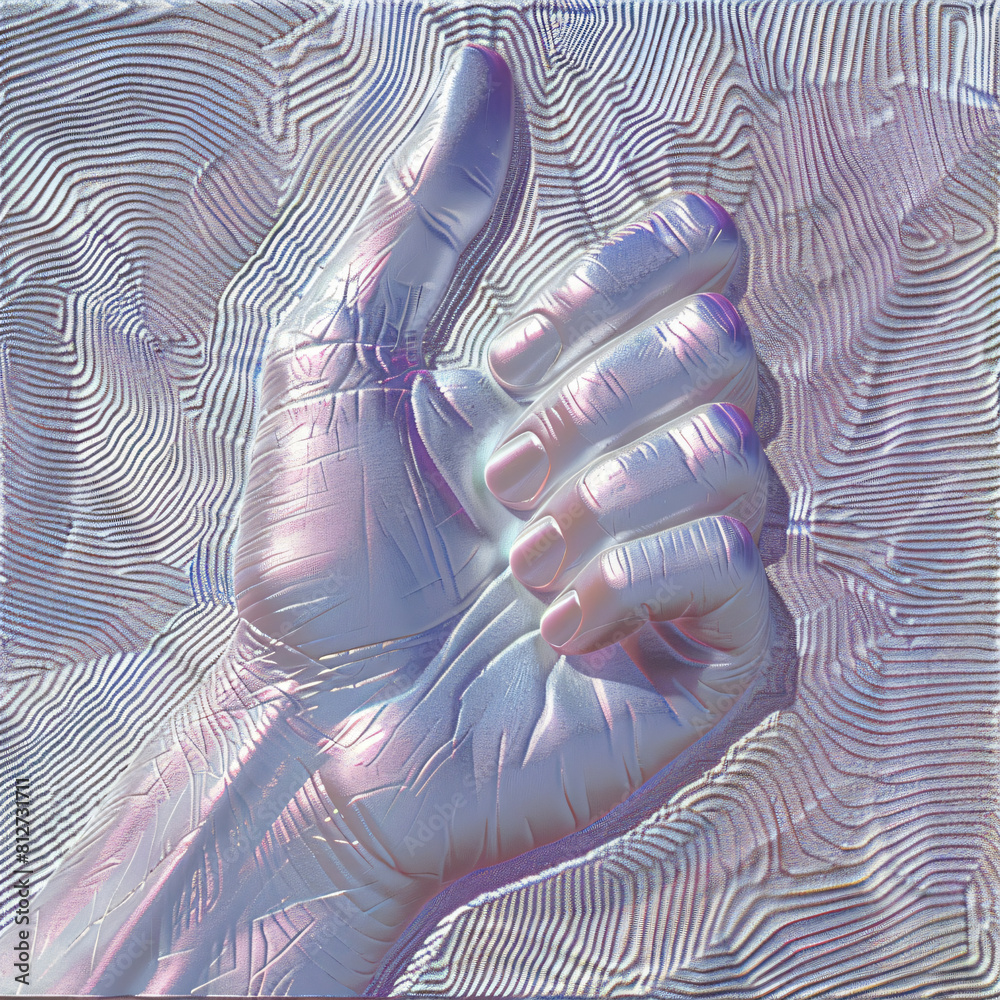 Futuristic robotic hand with metallic texture and holographic ...