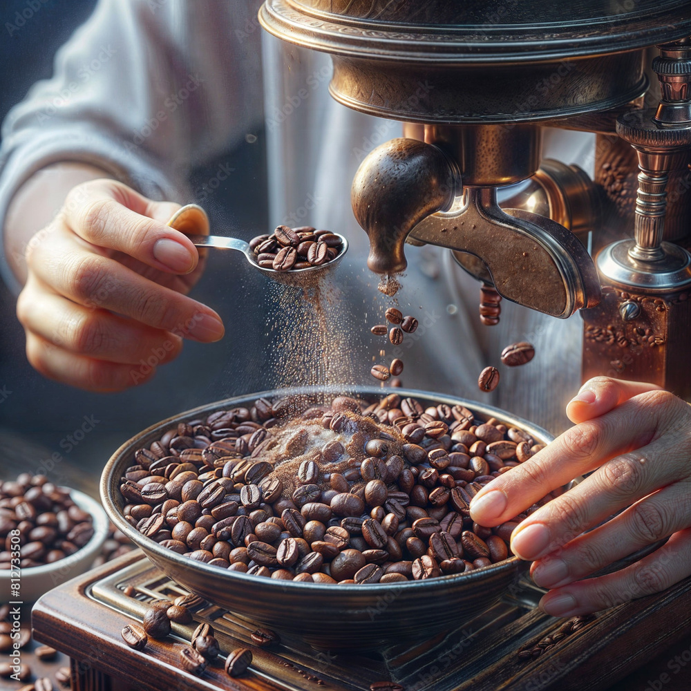 someone is sprinkling coffee beans with a small amount of sugar, coffee ...