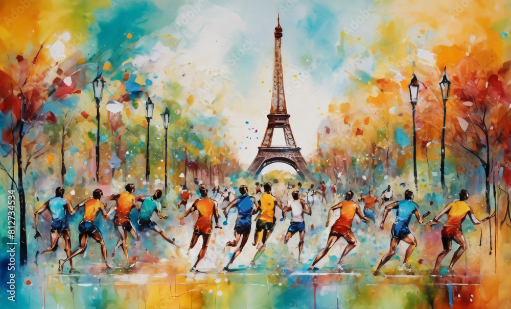 Watercolor illustration of a fast-running athlete people in a race ...