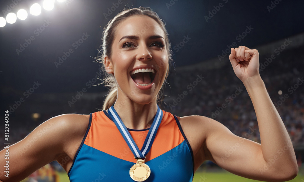 Portrait of a happy laughing woman in sportswear with a first place ...