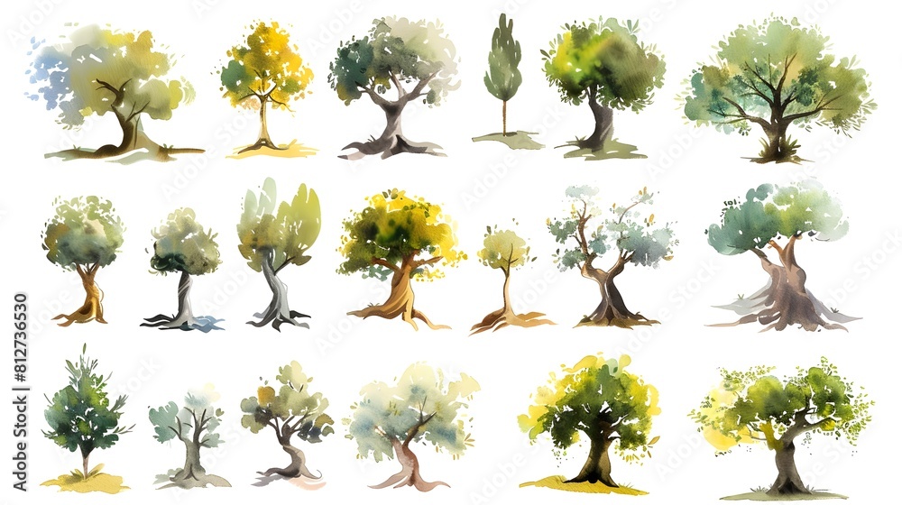 Diverse Tree in Watercolor Painting Style Depicting Natural Ecosystem ...