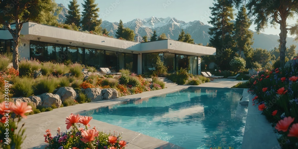 wallpaper representing a superb modern villa, with a sublime swimming ...