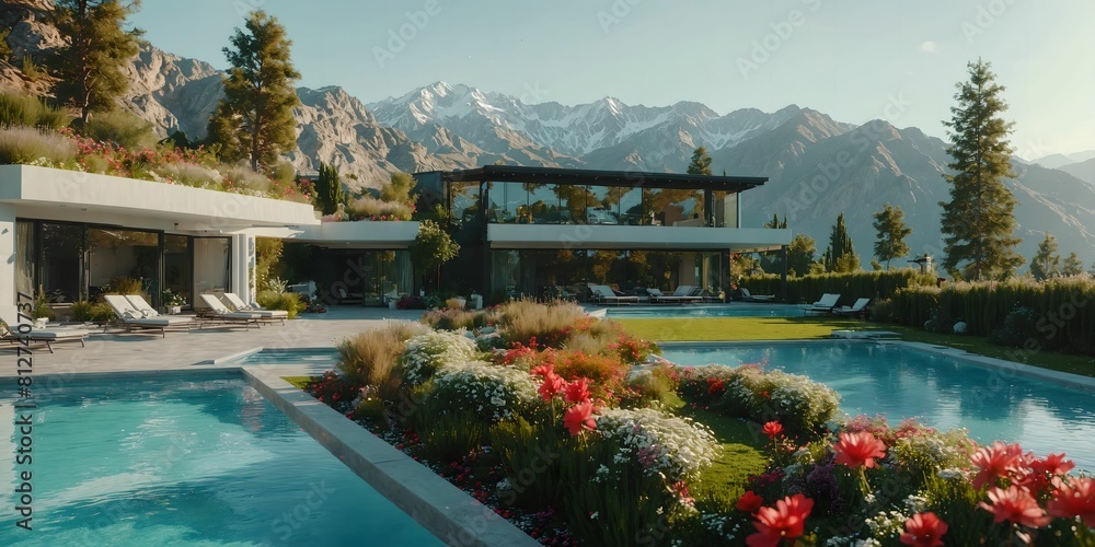 wallpaper representing a superb modern villa, with a sublime swimming ...