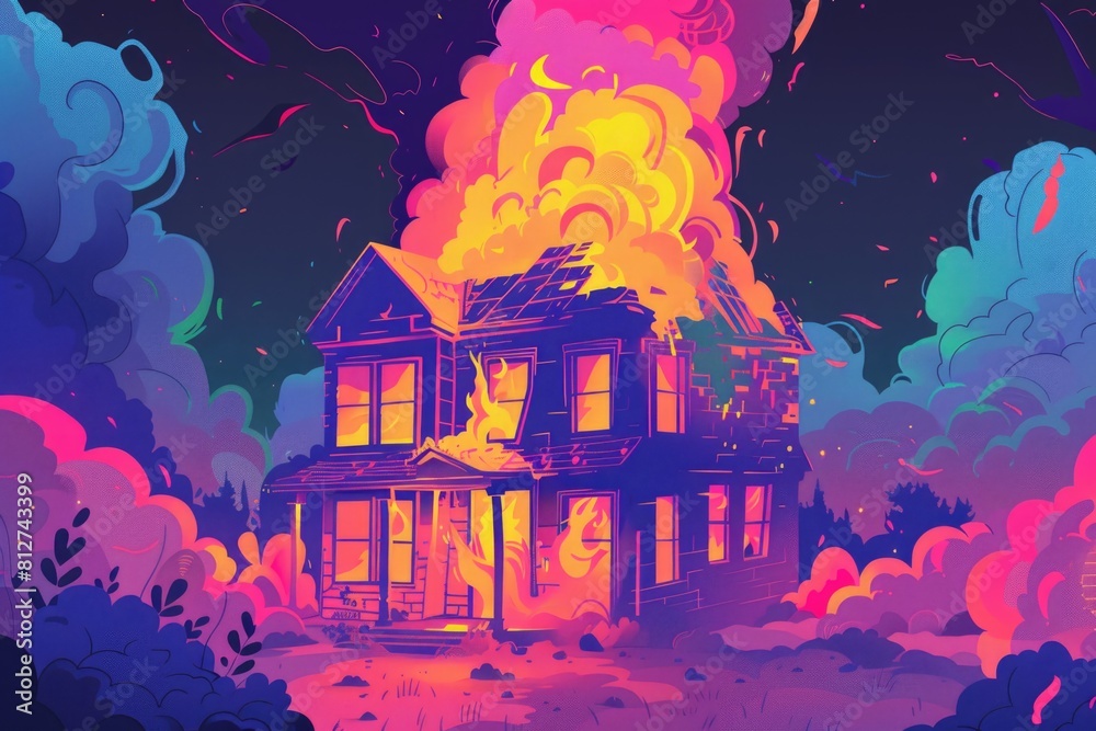 A house on fire with smoke billowing out, suitable for illustrating ...