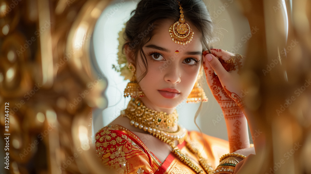 Beautiful indian girl looking in mirror. Young hindu woman model with ...