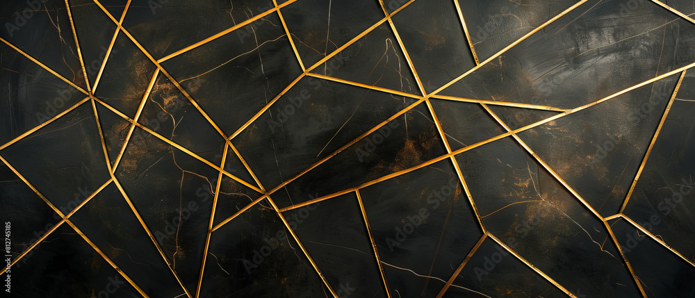 Abstract art with thin gold lines on black background in orderly ...