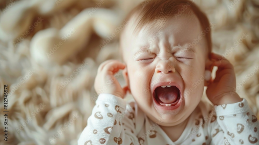 Baby crying holding his ears. A tearful toddler covers her ears and ...