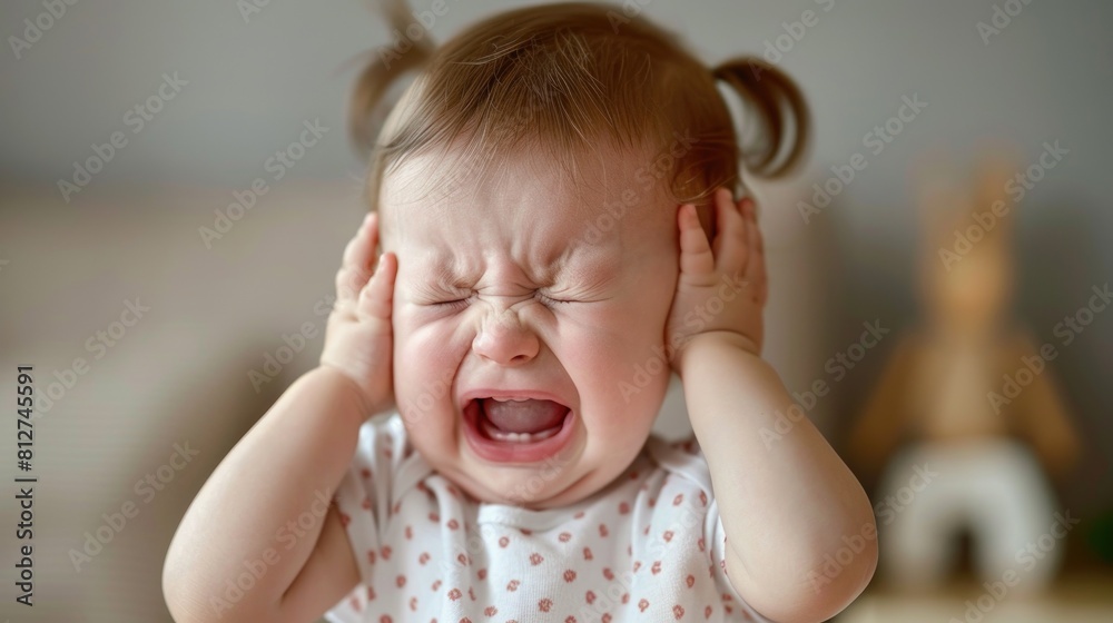 Baby crying holding his ears. A tearful toddler covers her ears and ...