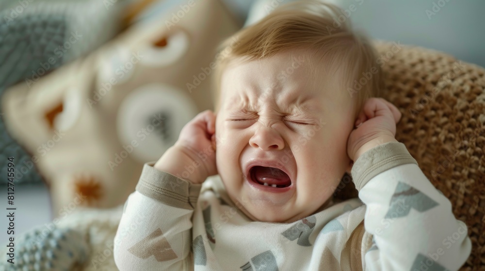 Baby crying holding his ears. A tearful toddler covers her ears and ...