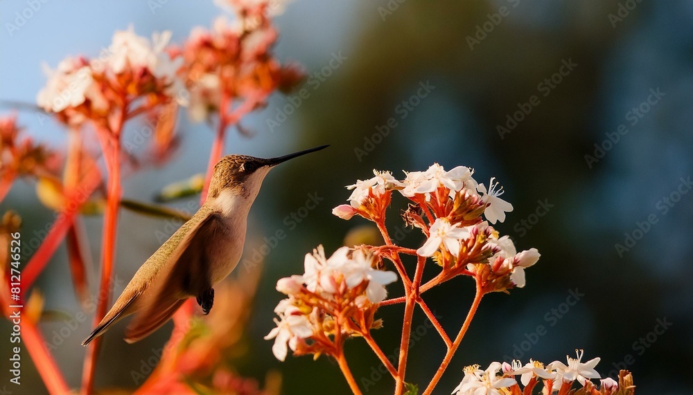 The busy hummingbird flits from flower to flower, a tiny marvel, a ...