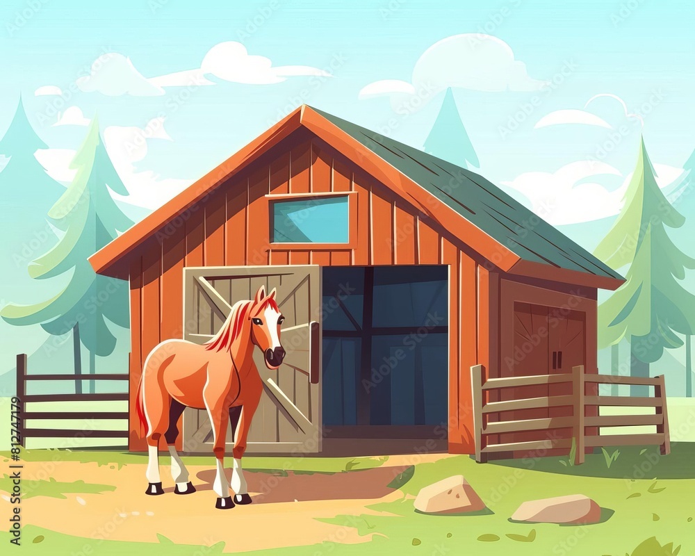 Horse stable flat design side view equestrian training theme animation ...