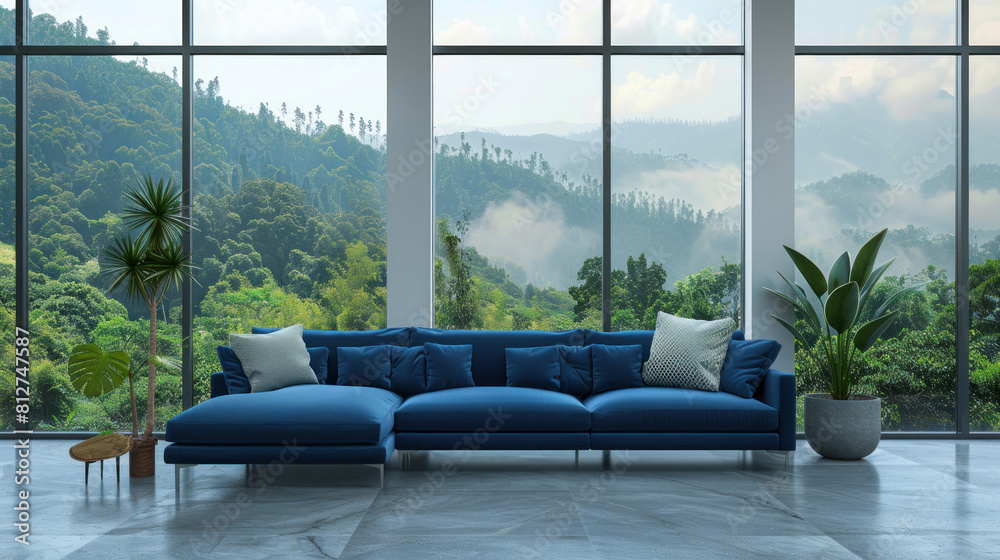 Blue corner sofa against panoramic window with forest view. Minimalist ...