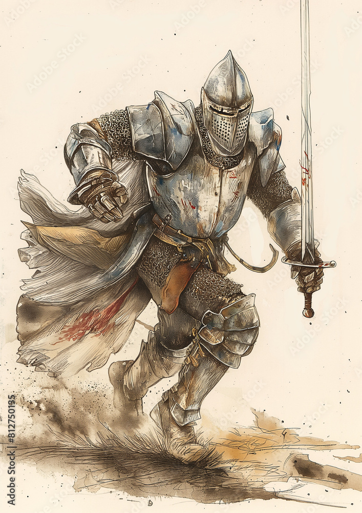 brave armored knight, ready for battle, running towards camera ...