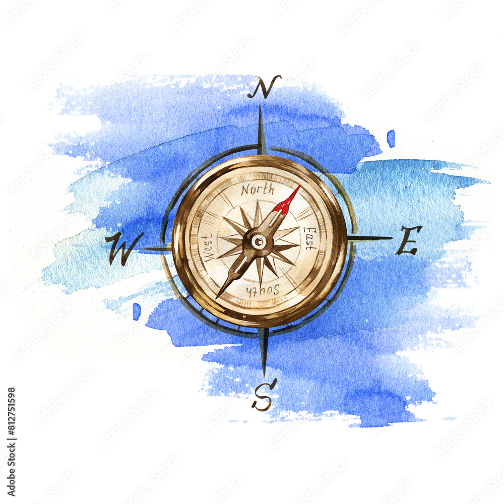 watercolor old metal navigation compass with cardinal direction ...
