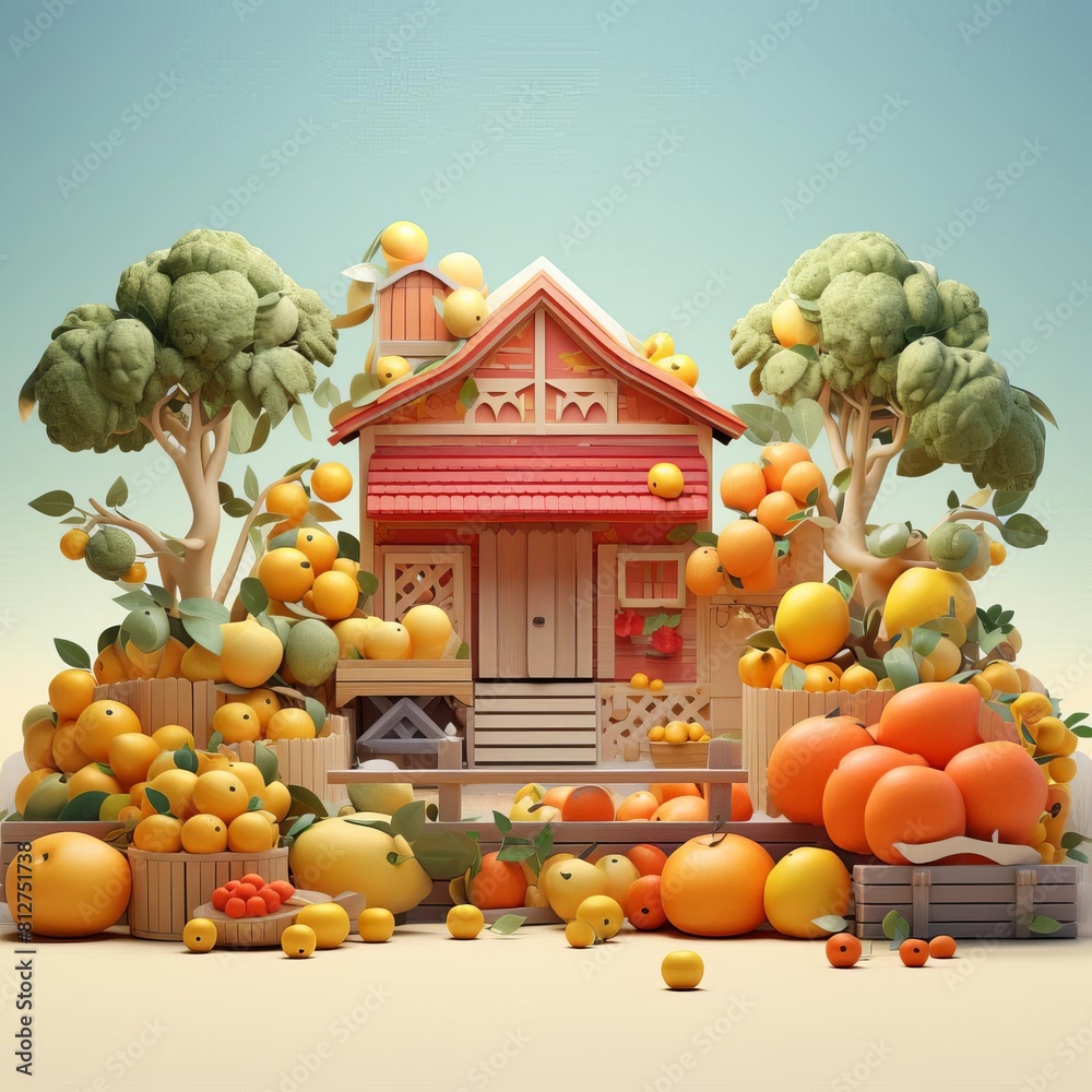 Orchard flat design front view fruit harvest theme 3D render ...