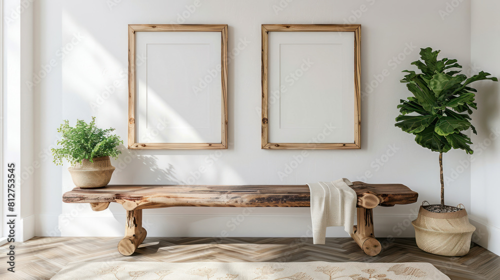 Wooden rustic bench near white wall with two frames. Farmhouse, country ...