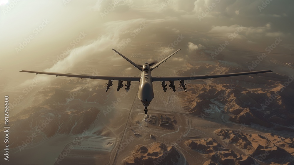 combat reconnaissance drone in the sky flying above objects on the ...