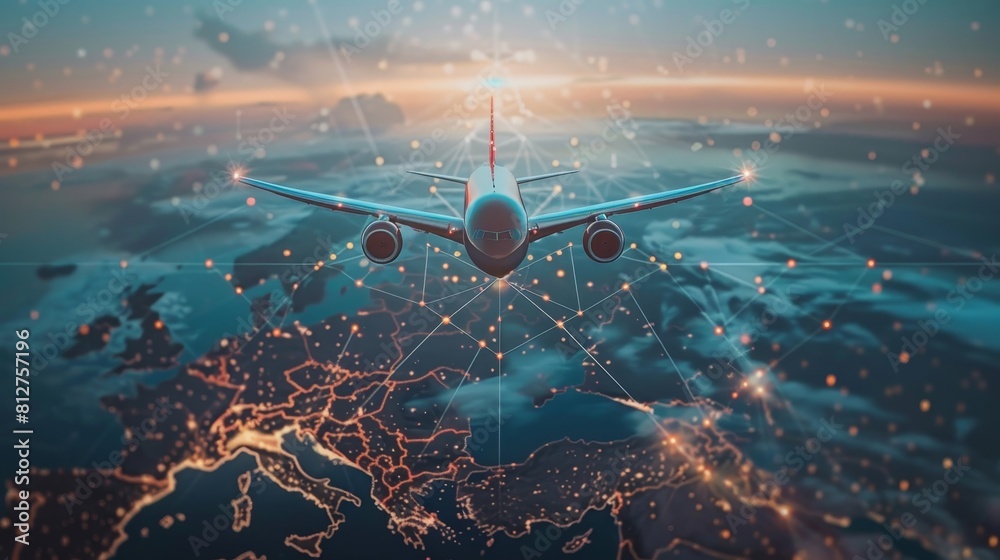 airplane in flight over a stylized map of the world. The airplane is ...