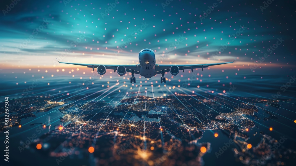 airplane in flight over a stylized map of the world. The airplane is ...