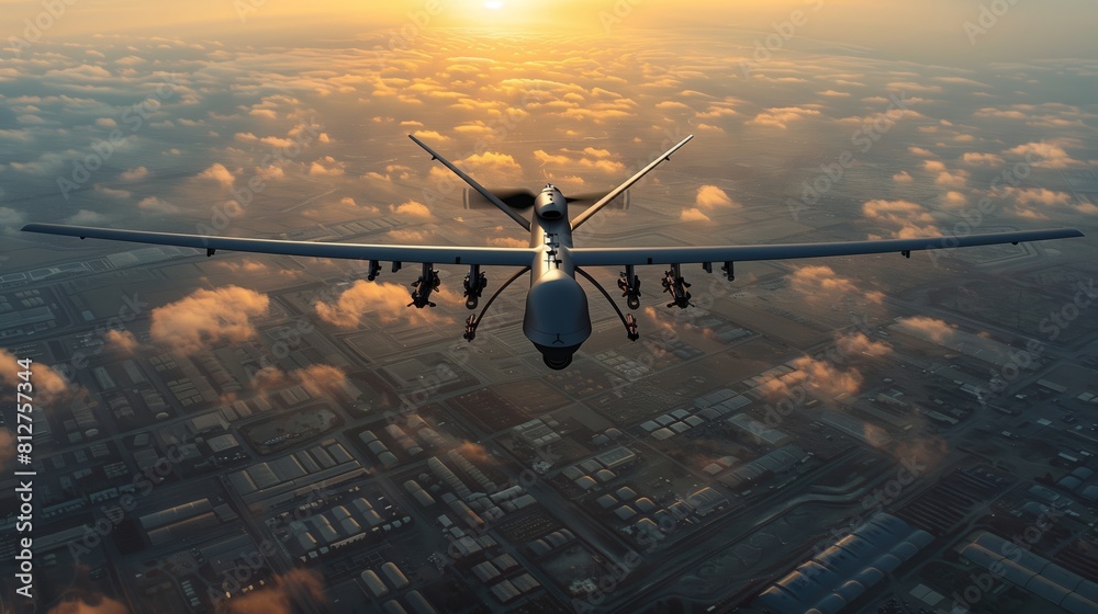 combat reconnaissance drone in the sky flying above objects on the ...