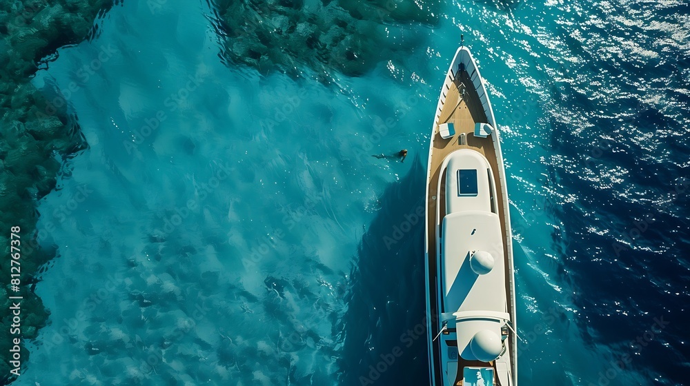 Yacht on the water surface from top view Turquoise water background ...