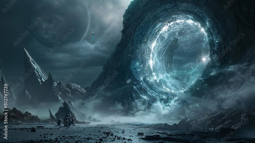 Enigmatic Alien Portal with Glowing Symbols in Dark Interdimensional ...