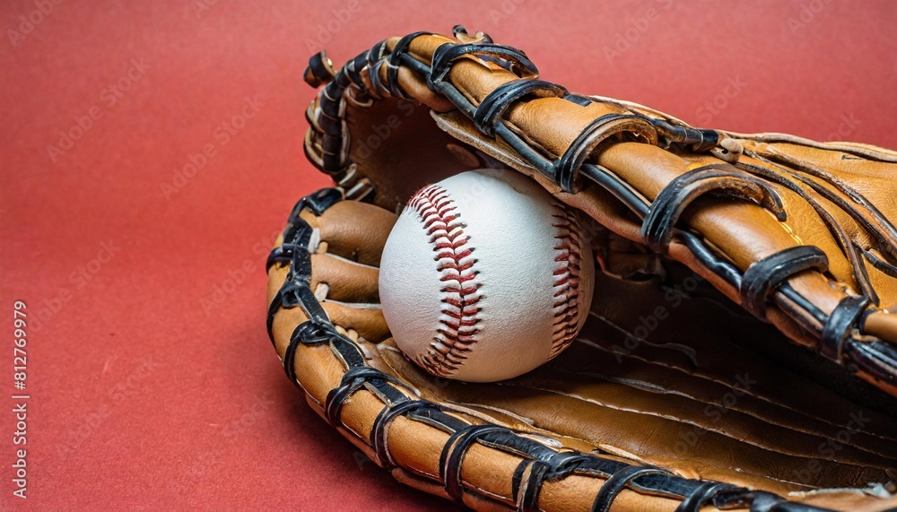 baseball glove holding ball on red background classic leather baseball ...
