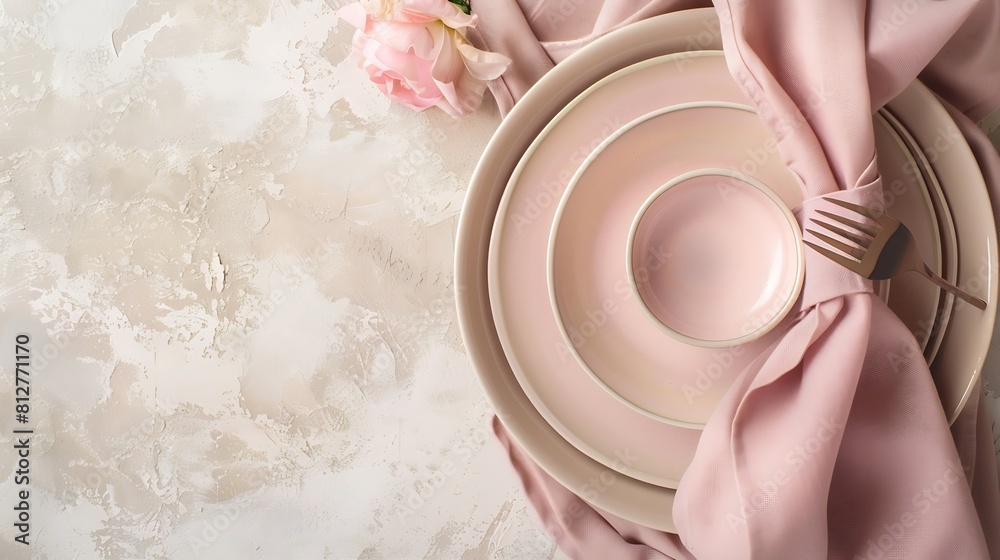 Beige ceramic plates and a pink napkin on a beige stone table Top view ...