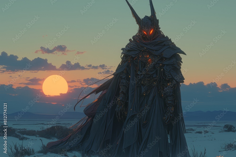 A dark fantasy photo of an armored knight standing in the desert at ...