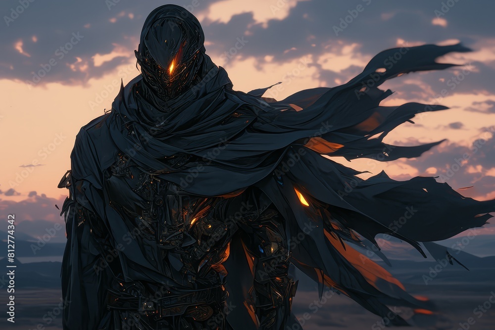 A dark fantasy photo of an armored knight standing in the desert at ...