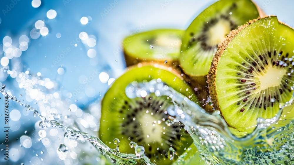 A close up of a kiwi fruit with water splashing around it. The water ...