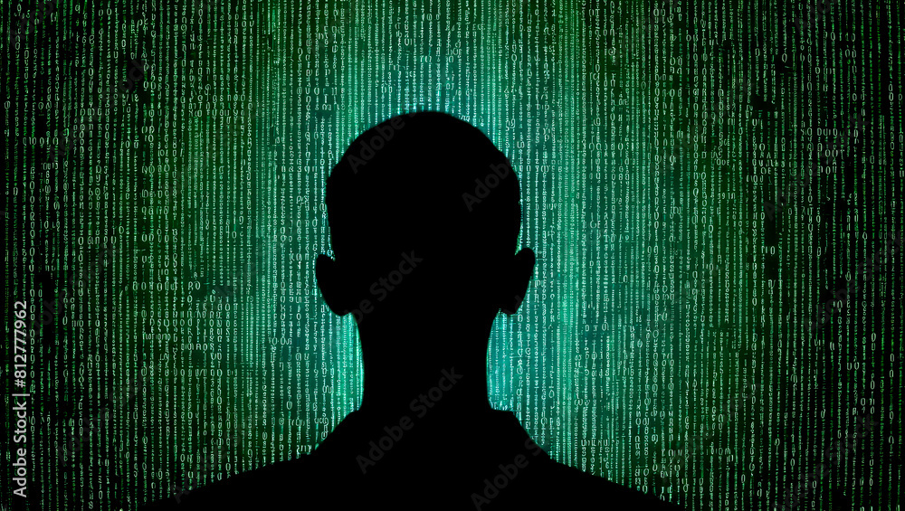 human figure stands before matrix of glowing green numbers. hacking ...