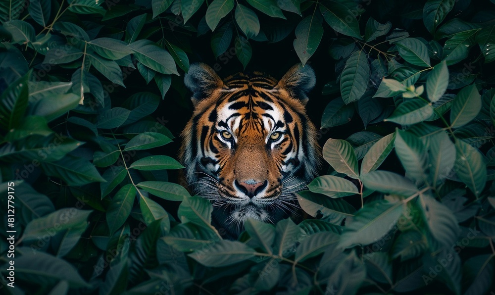 fierce-looking tiger's face peering out from a background of lush green ...