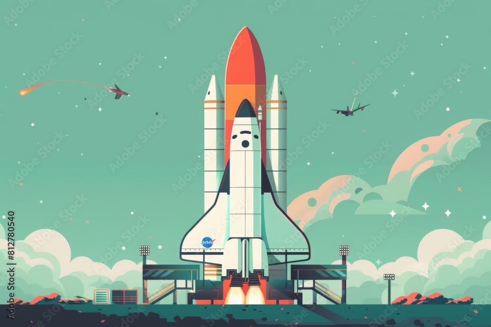 Rocket launchpad flat design front view military aerospace theme ...