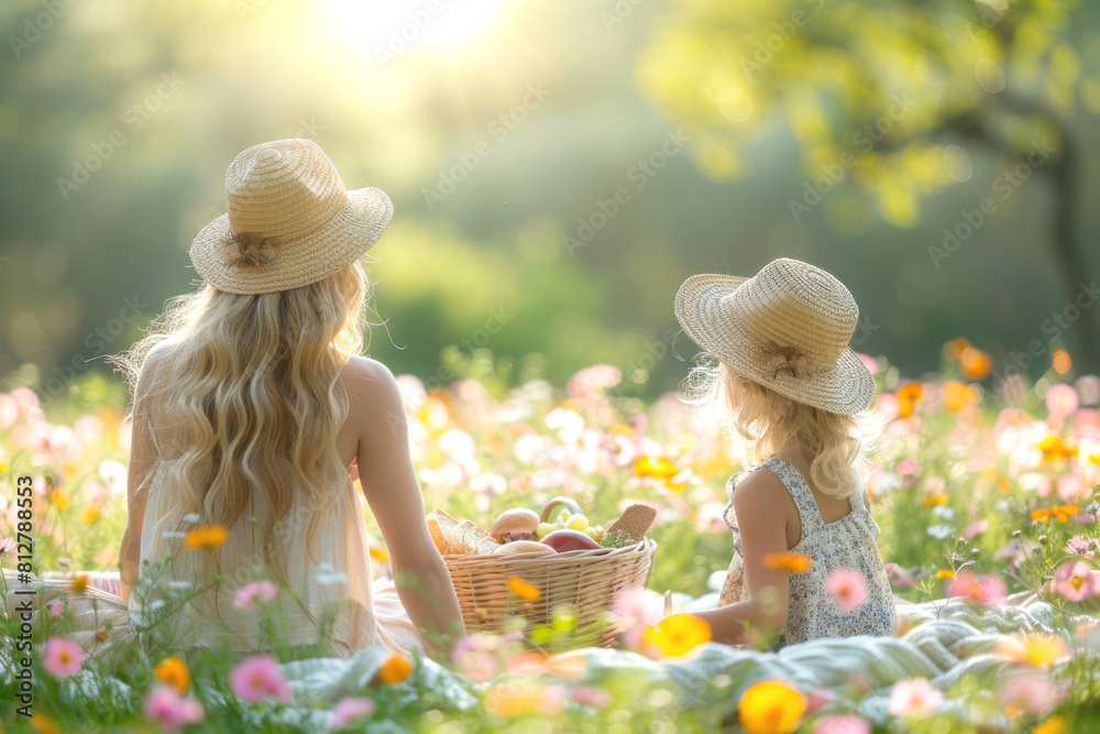 Meadow Feast: Family Enjoying Picnic in Blooming Meadow for ...