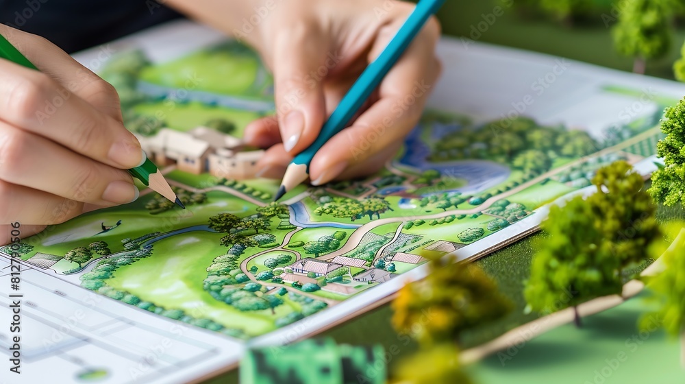 paper sheet of layout plan with hands and garden background that shown ...