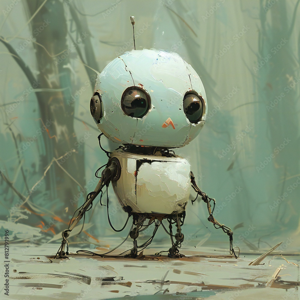 Cubism art style , lovely cute robot with a cute little nose, wiry arms ...