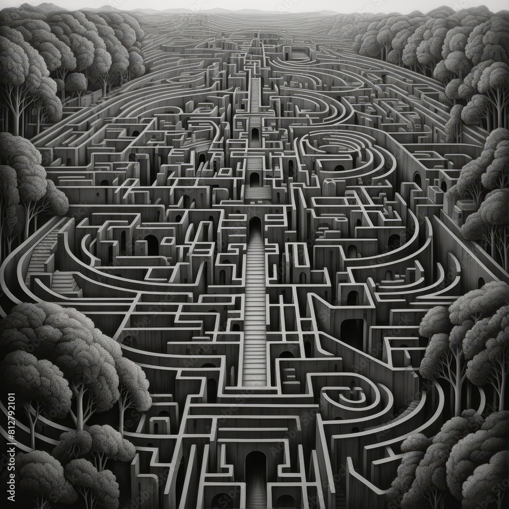 Craft an aerial view of an Ethical Maze using intricate line work to ...