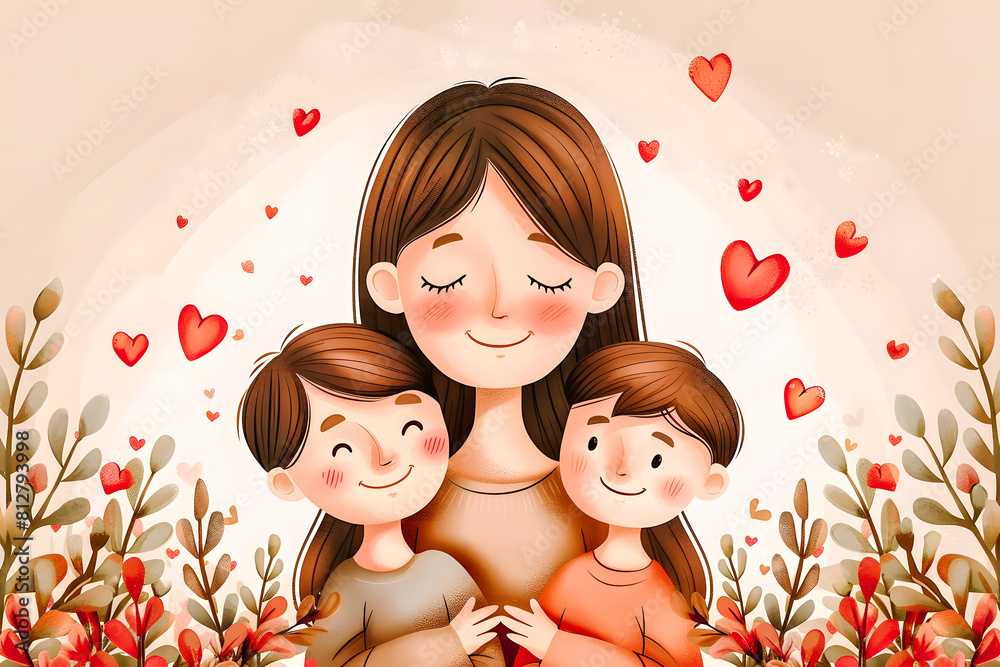 Illustration représentant une maman avec ses deux enfants, fêtes des ...