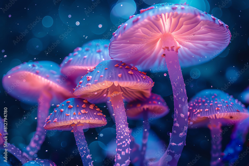Low angle view of a strange, glowing fungal forest on an ...