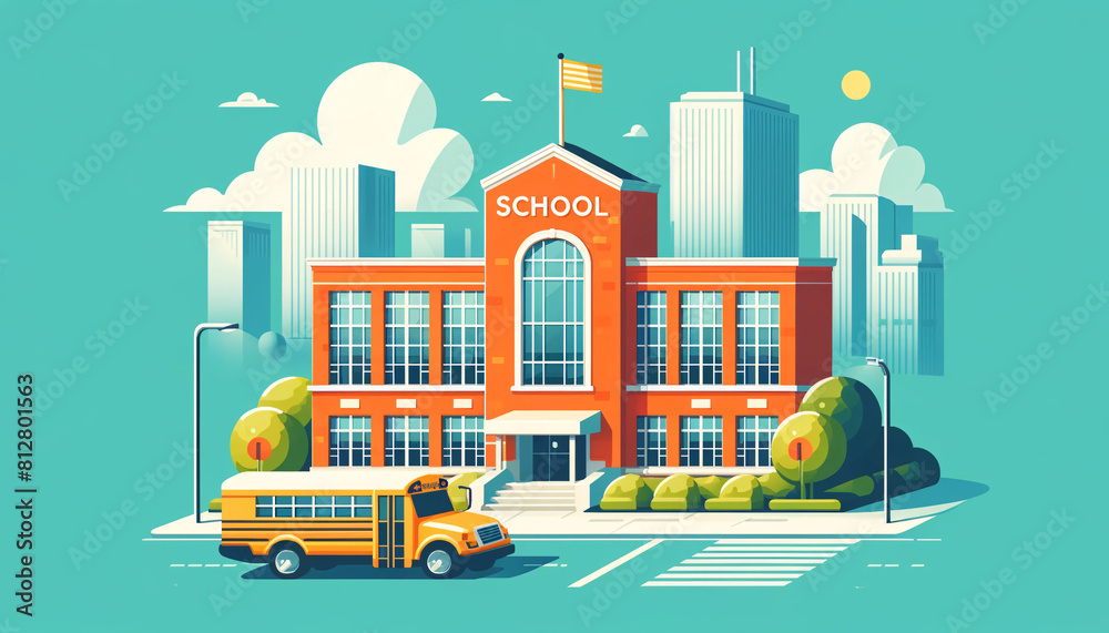 An urban school building, set in a modern cityscape. The school is ...