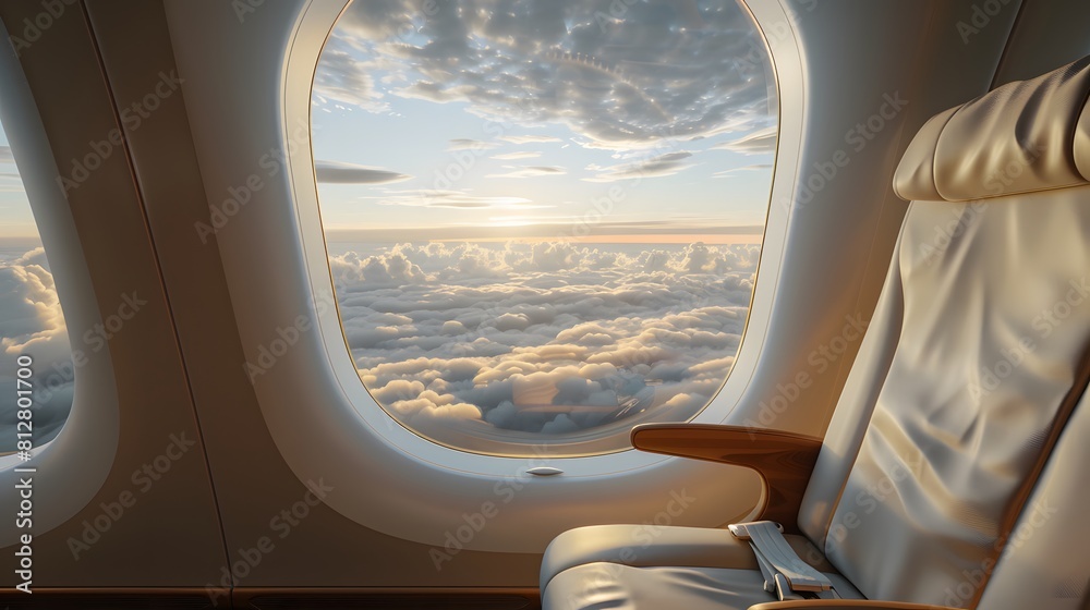 Luxurious first class seat on an airplane with large windows, offering ...