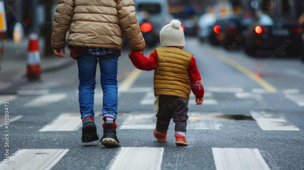 Adult helping a toddler cross a busy urban street safely Stock Photo ...
