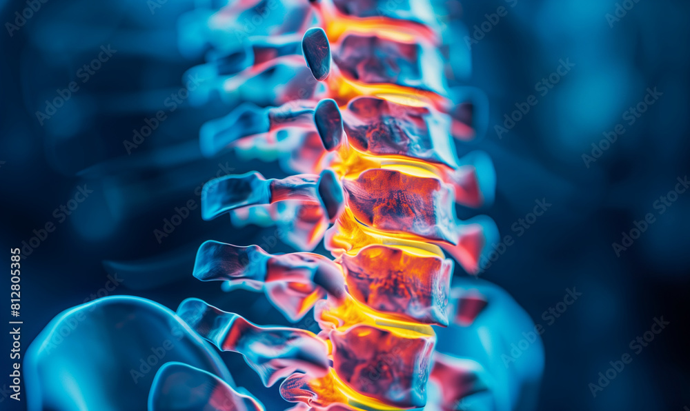 X-ray image of the human spine on a blue background. The highlighted ...