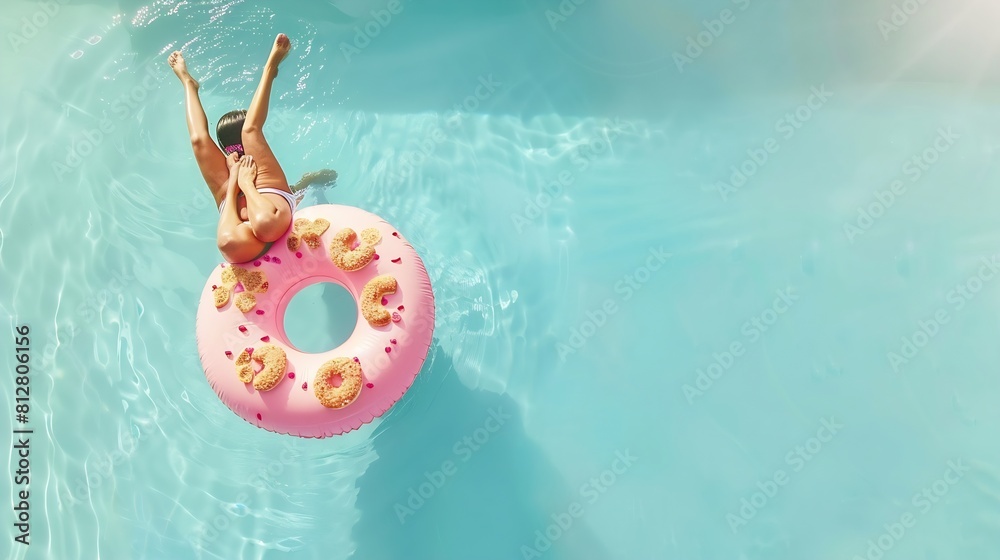 Woman relaxing on donut lilo in the pool water in hot sunny day Summer ...