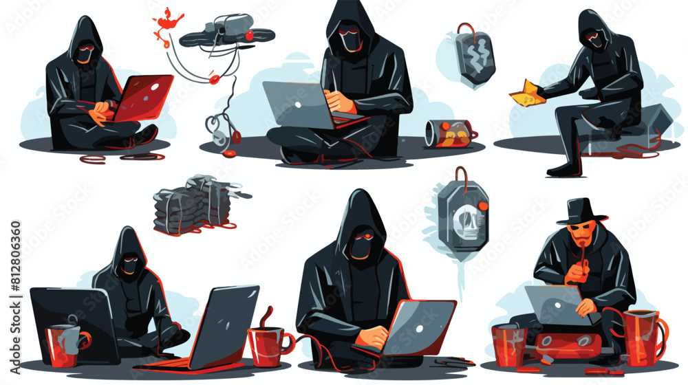 Cartoon hackers hacking devices set. Men in black b Stock Vector ...