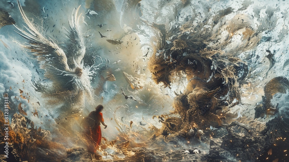 Surrealism An angel and demon locked in combat, their forms melting and ...