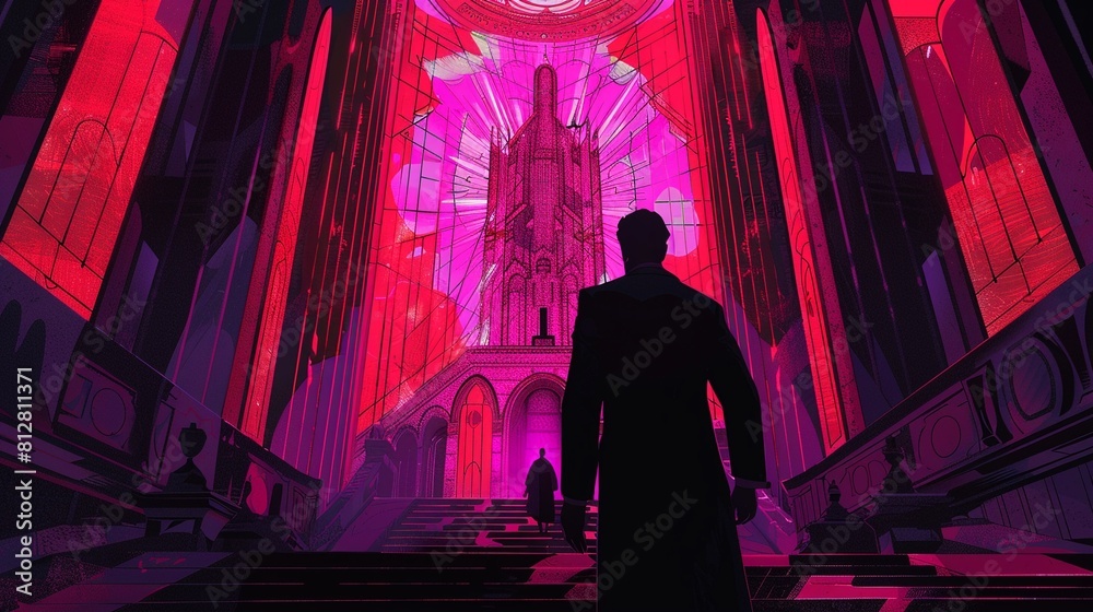 Art Deco A glamorous and geometric exorcism scene with the priest and ...