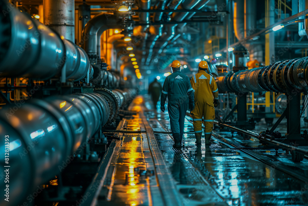 Factory workers go to work shift, employees don hardhats, exemplifying ...